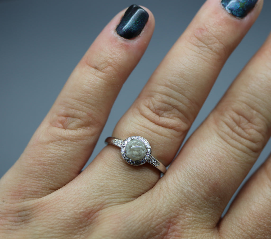 Round Silver Halo Ring with Cremation Ashes - Bespoke Memorial Jewelry ...